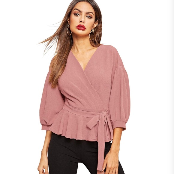 SHEIN | Tops | Shein Dusty Rose Lantern 34 Sleeve V Neck Ruffle Blouse ...